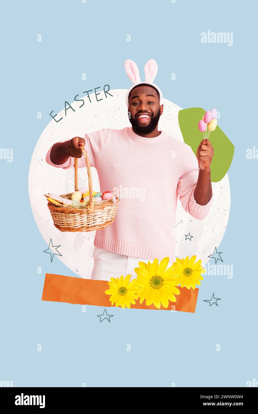 Creative poster collage of cute man hold basket eggs celebrate easter ...
