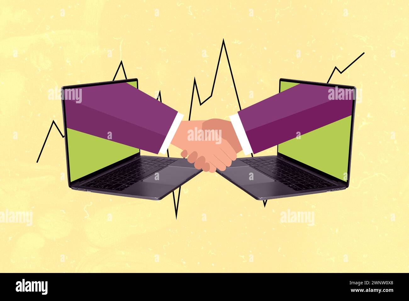 Composite 3d photo collage of two hands reach laptop screen freelance ...