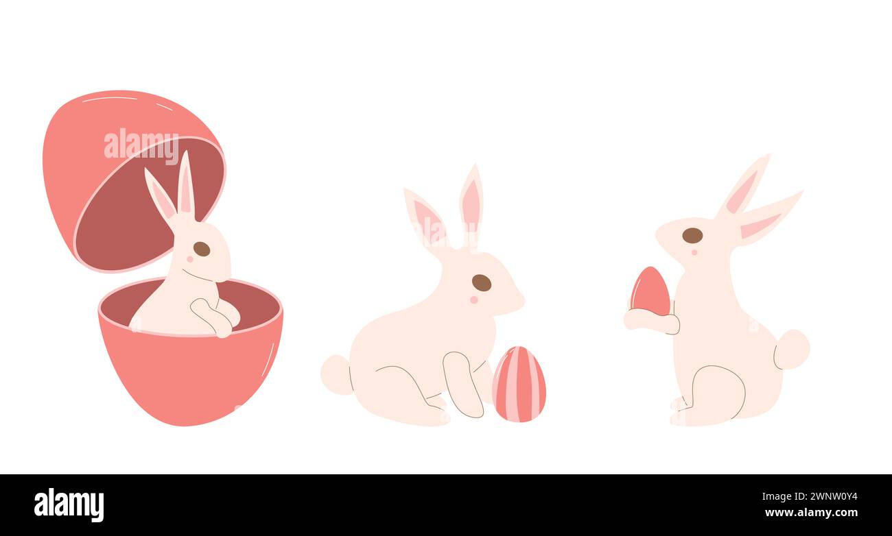 Easter bunnies with eggs set. Rabbits isolated on white background ...