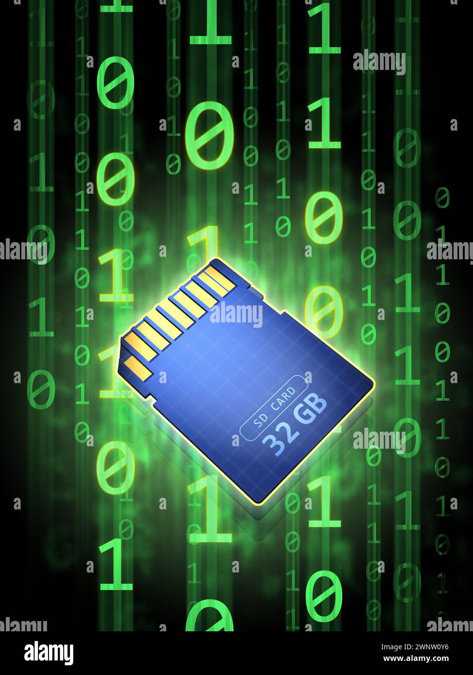 Secure digital memory card over a binary code background. Digital ...