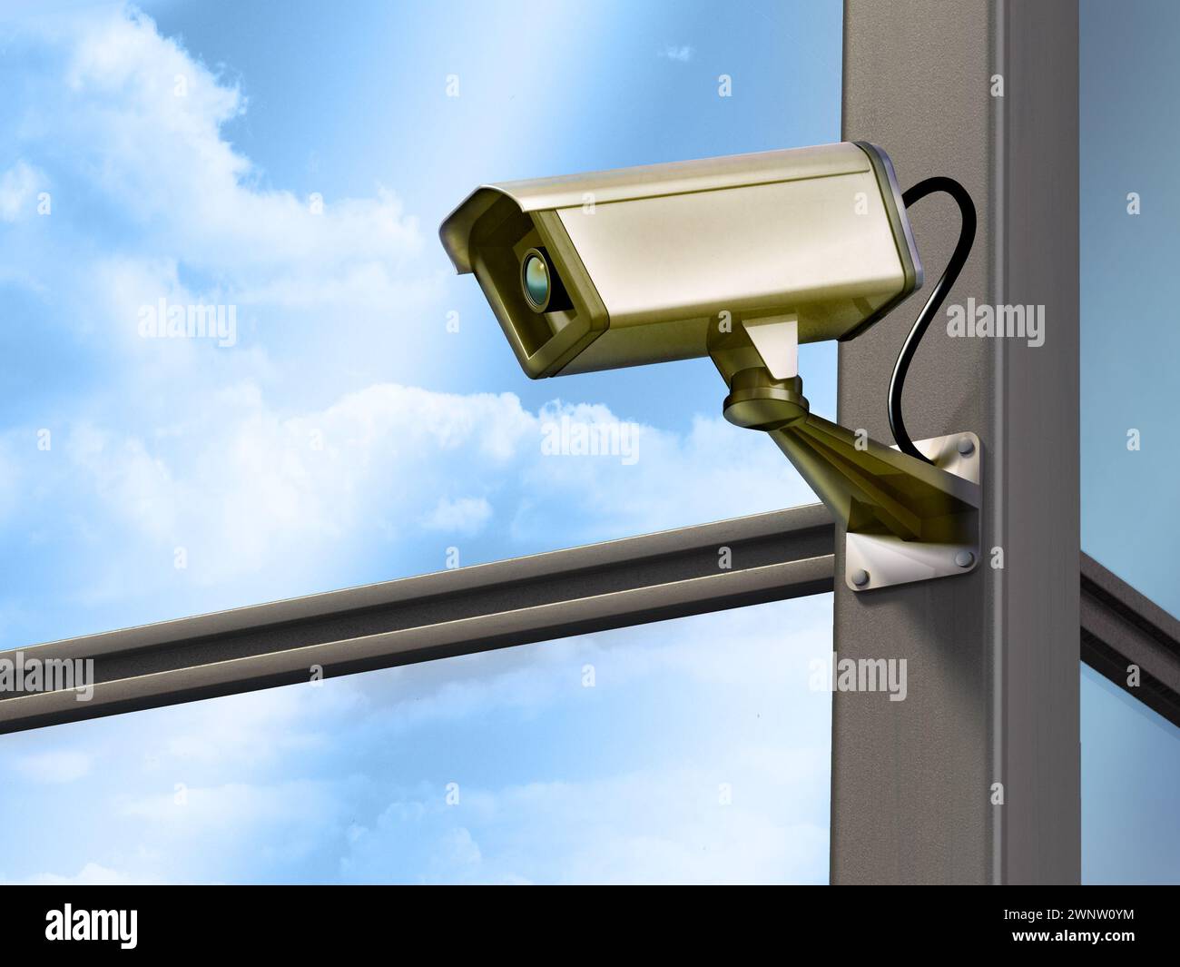 Surveillance cam on a modern building structure. Digital illustration ...