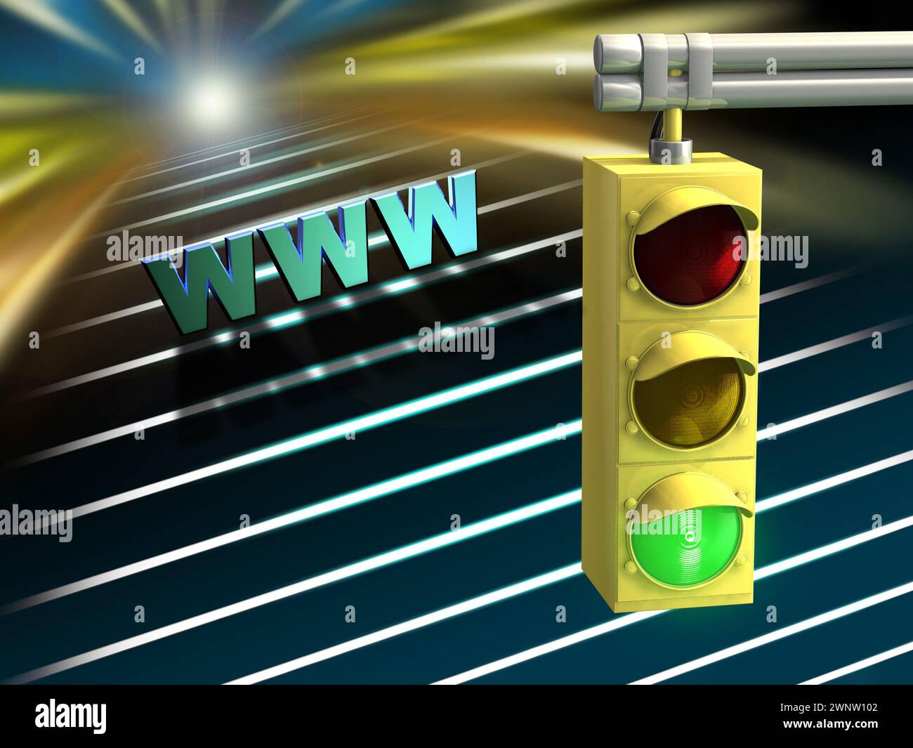 Traffic light over a conceptual internet highway. Digital illustration ...
