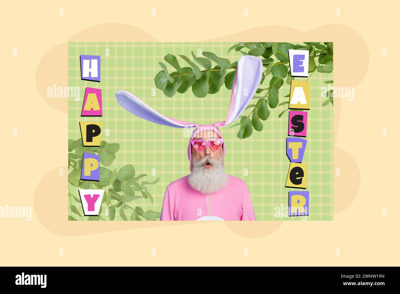 Creative poster collage of cute old man bunny pink pajama celebrate ...