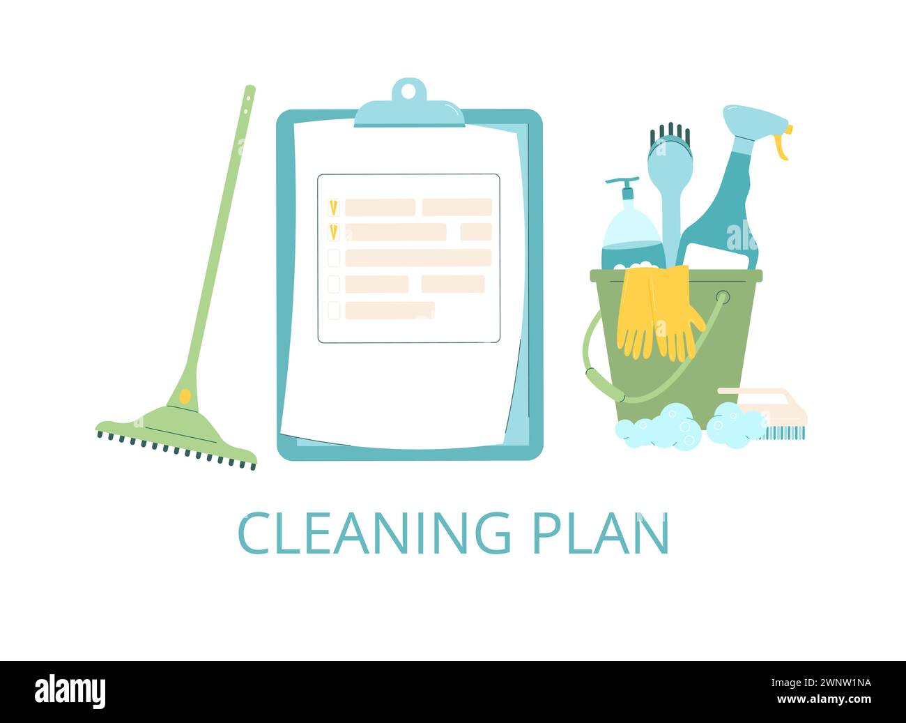 Cleaning plan. Equipment elements for wash home isolated on white ...