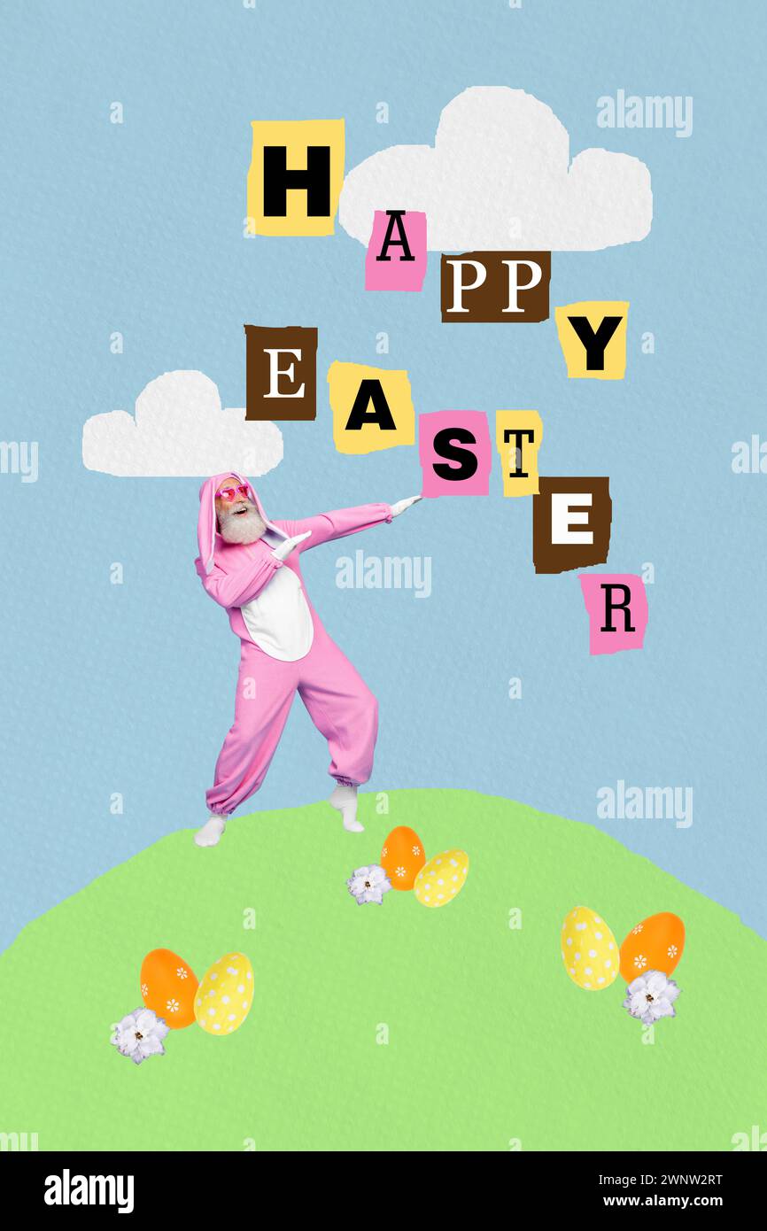 Creative drawing collage picture of funny old man bunny pink pajama ...