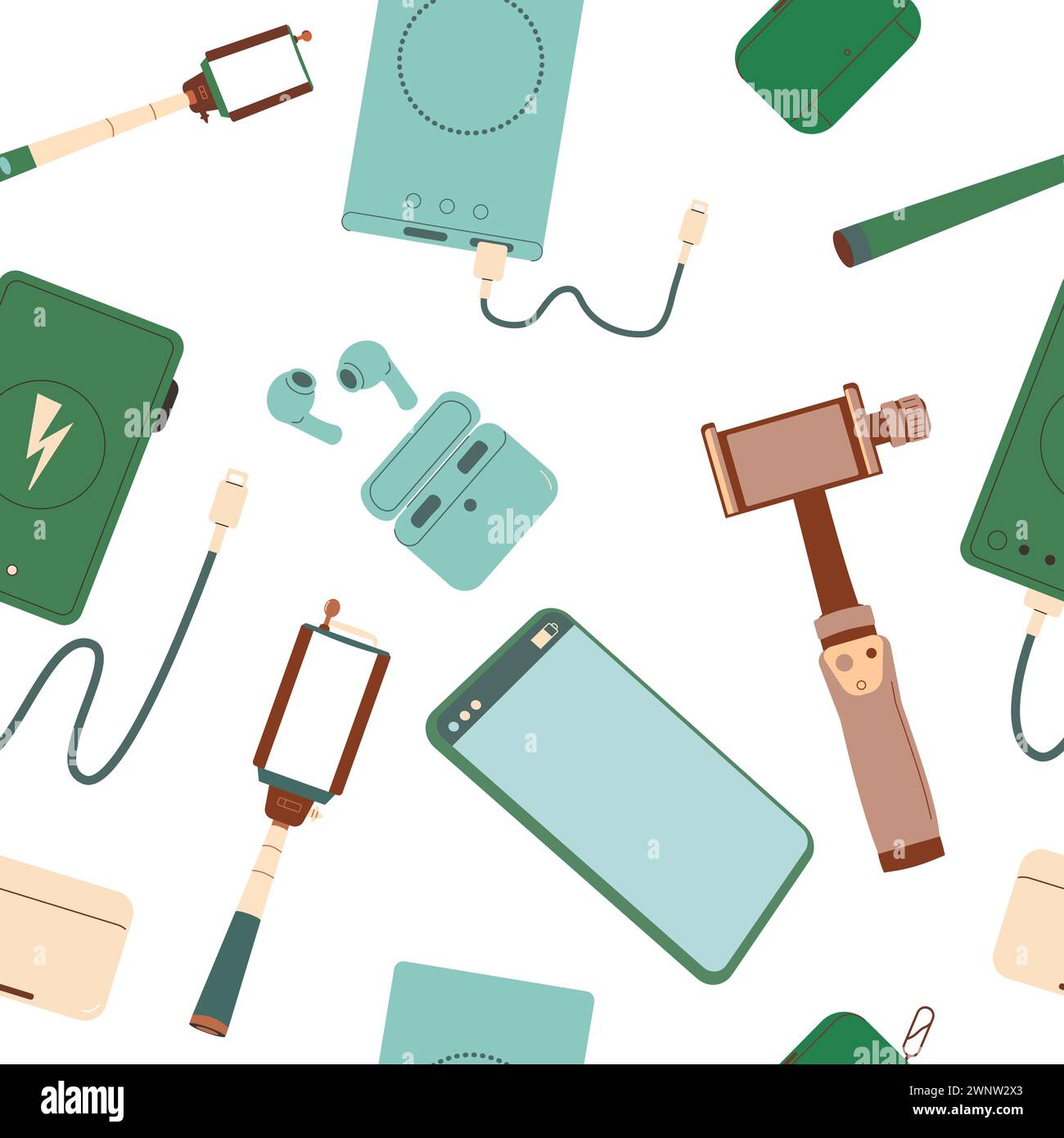 Gadgets seamless pattern. Mobile phone and power bank, gimbal earphones ...