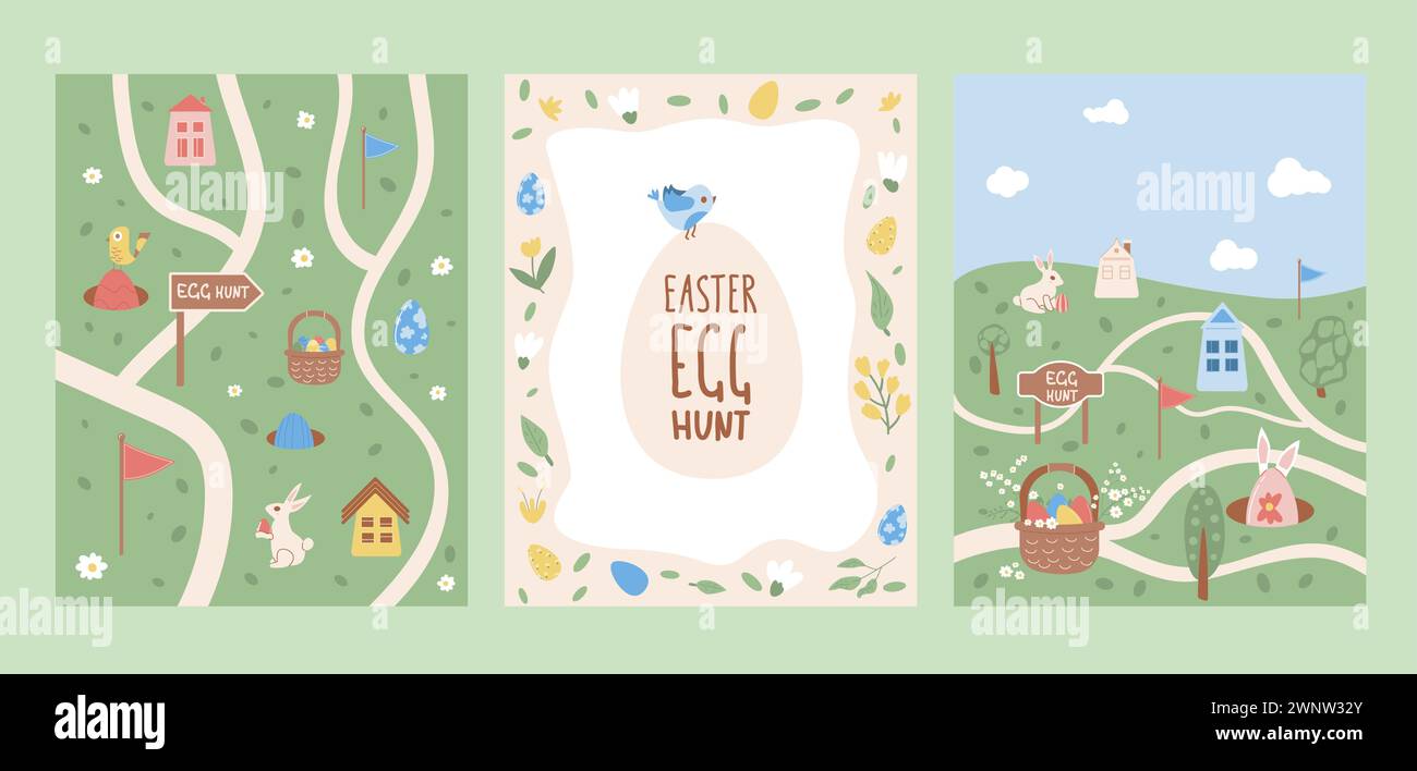 Easter egg hunt posters set templates. Map with rabbit and egg vertical ...