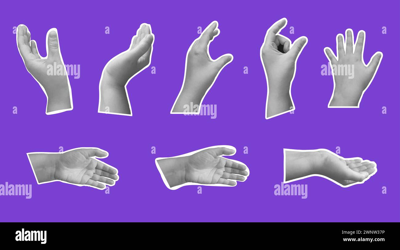 Hands vector collage set. Modern retro palms shapes sticker collection ...