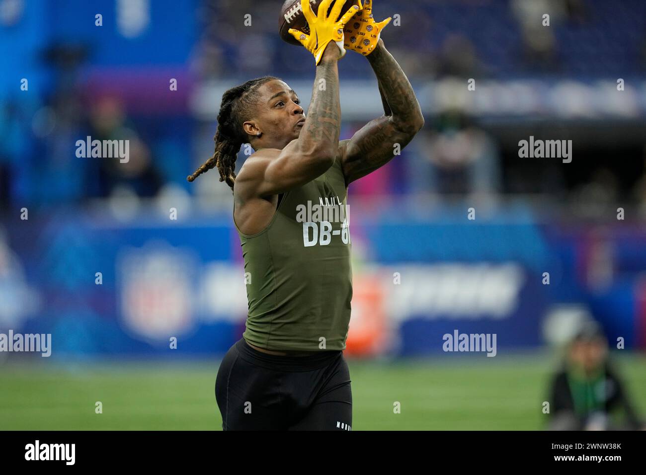 LSU defensive back Andre Sam runs a drill at the NFL football scouting ...
