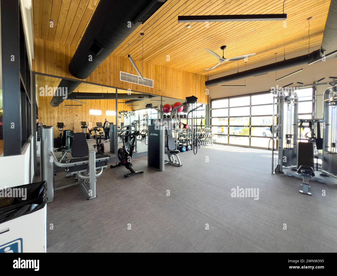 Expansive Gym Space with Modern Equipment and Natural Light Stock Photo ...