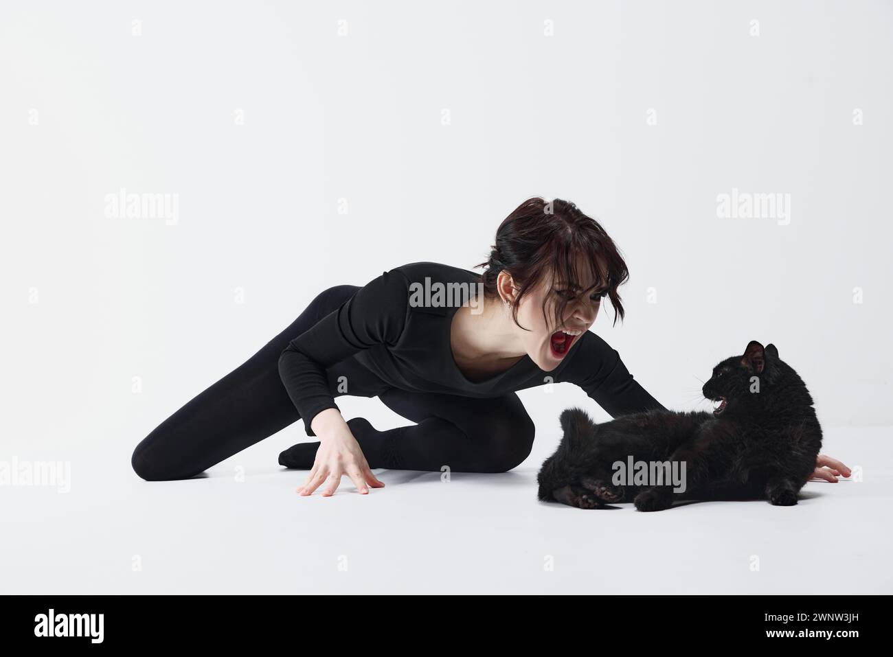 Artistic beautiful woman in emotional stance with black cat, both ...