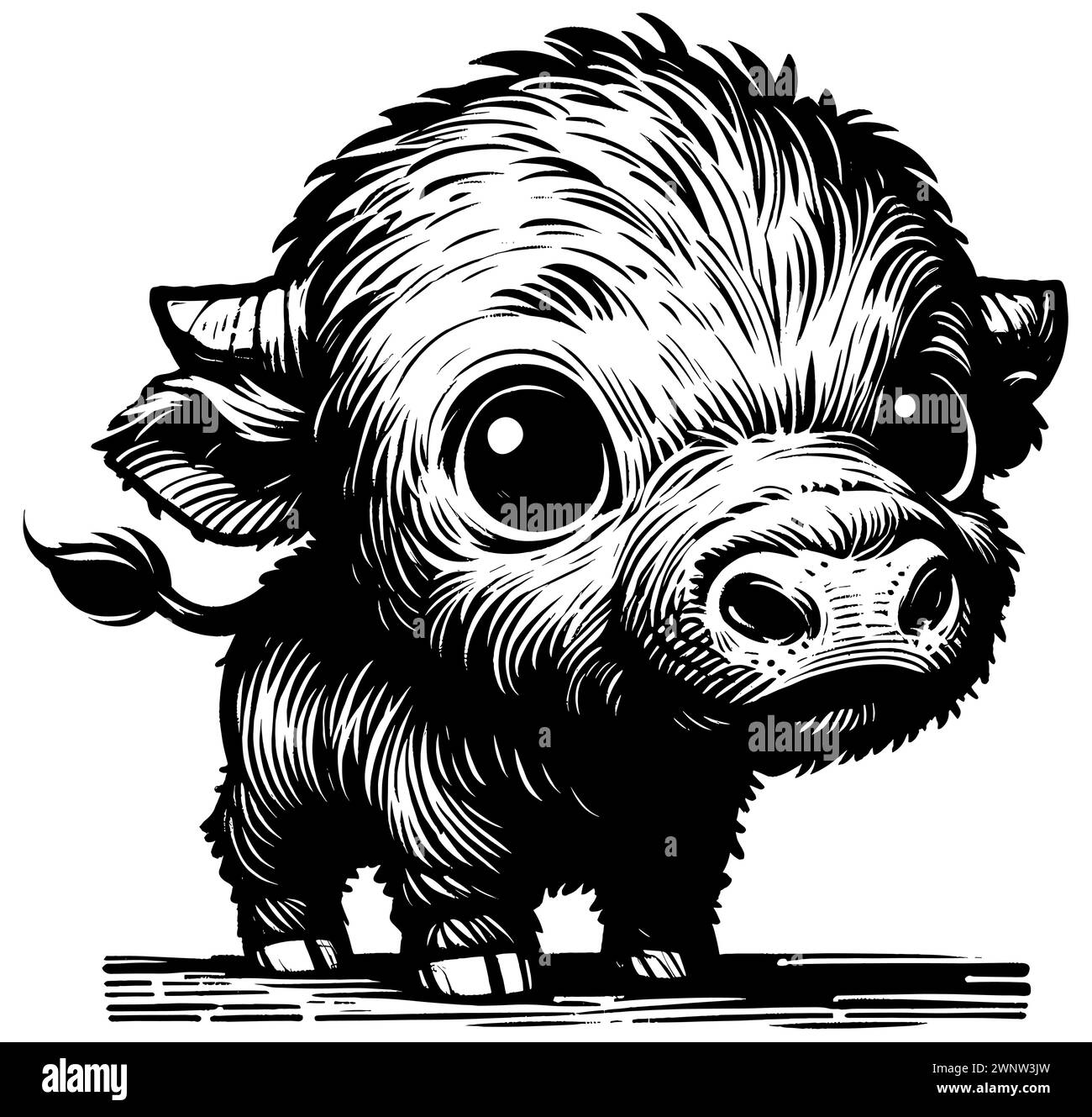Woodcut style illustration of cute baby African buffalo on white ...