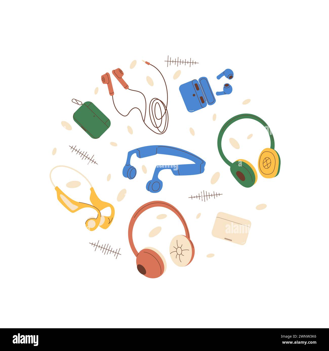 Headphones set circle emblem isolated on white background. Wired ...