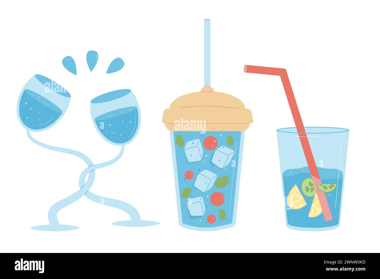 Water and soft drinks glasses set isolated on white background. Fresh ...