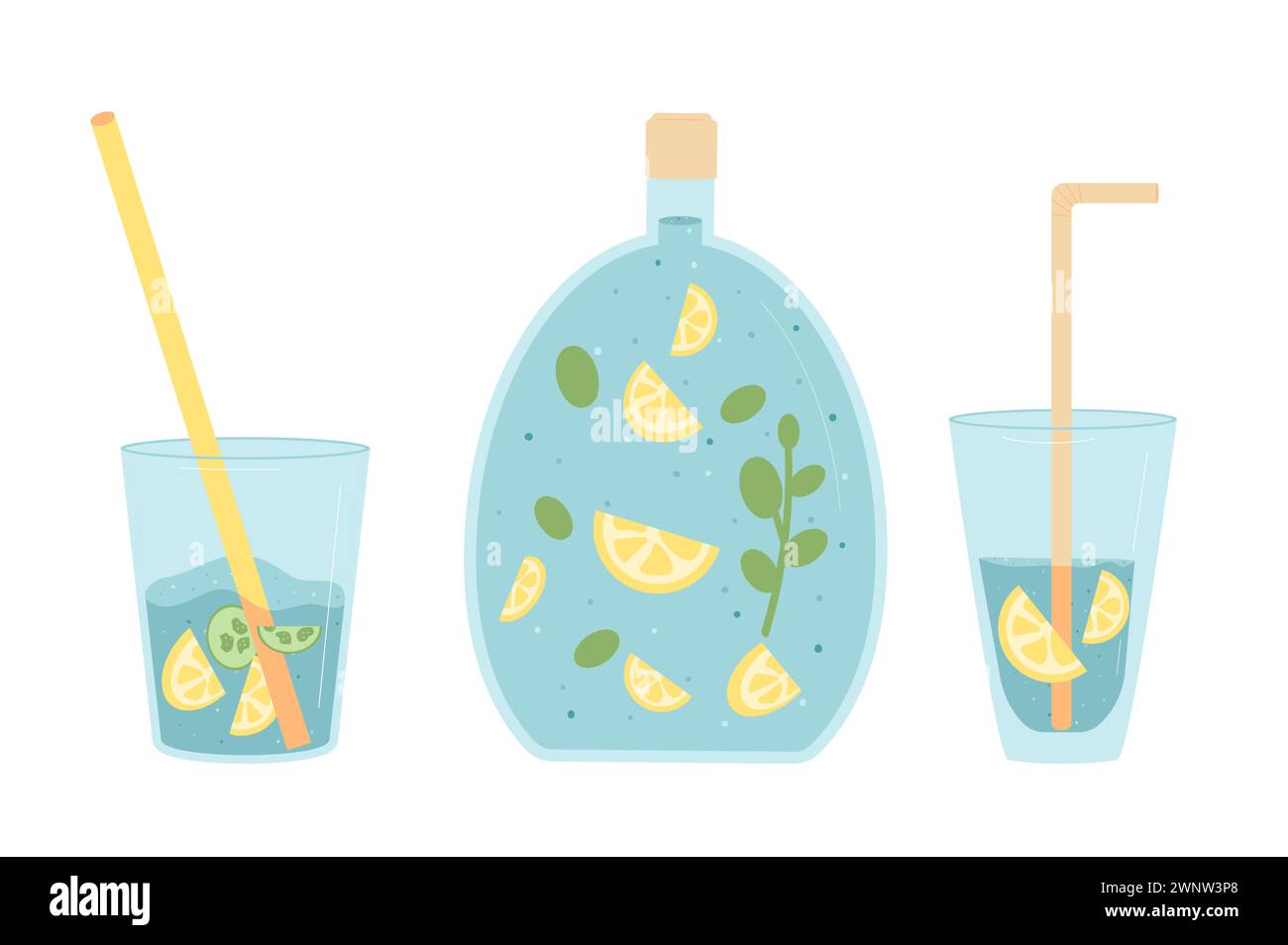 Bottle and glasses of water with lemon. Homemade soft drink isolated on ...