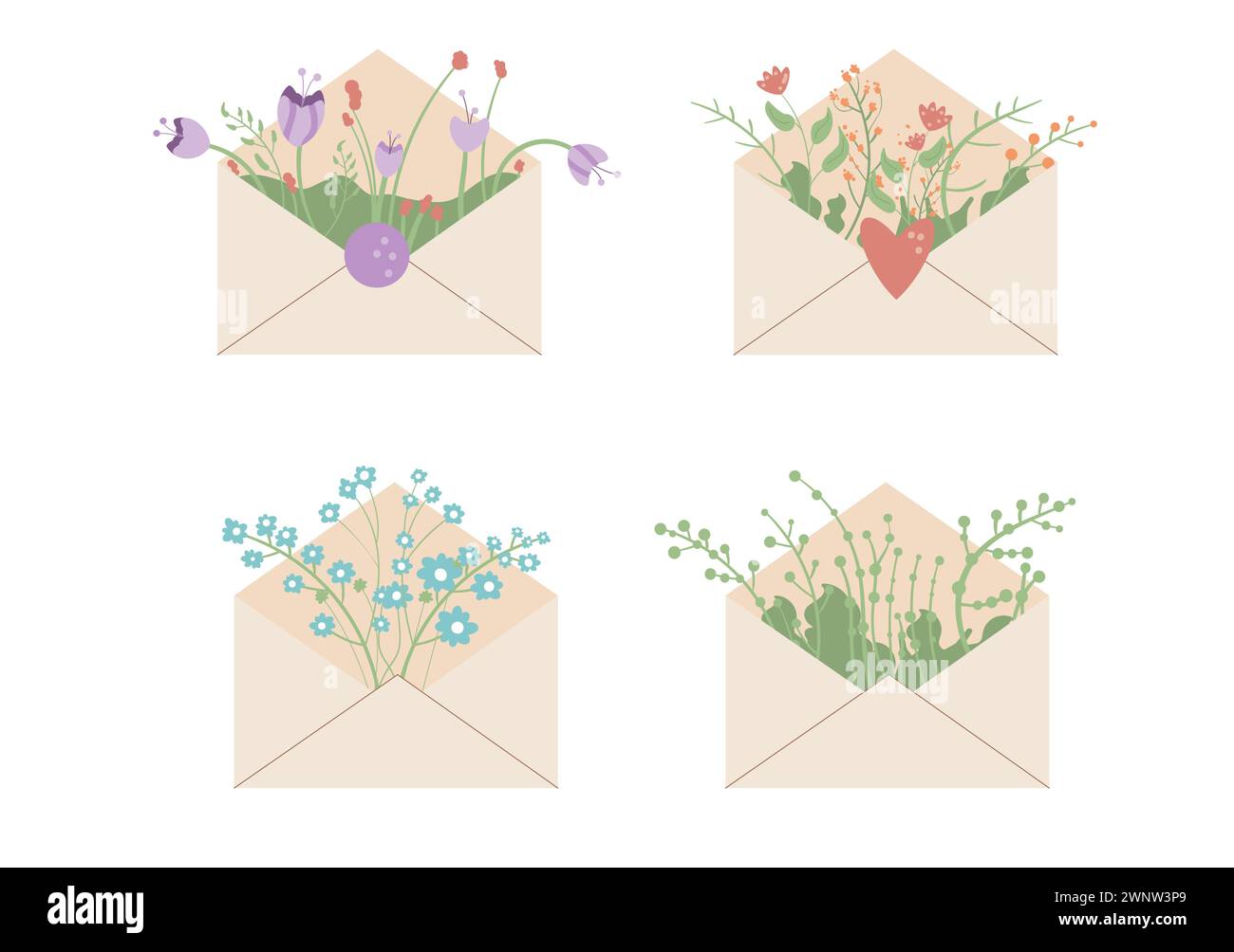 Envelope with flowers bouquet set. Spring elements set isolated on ...