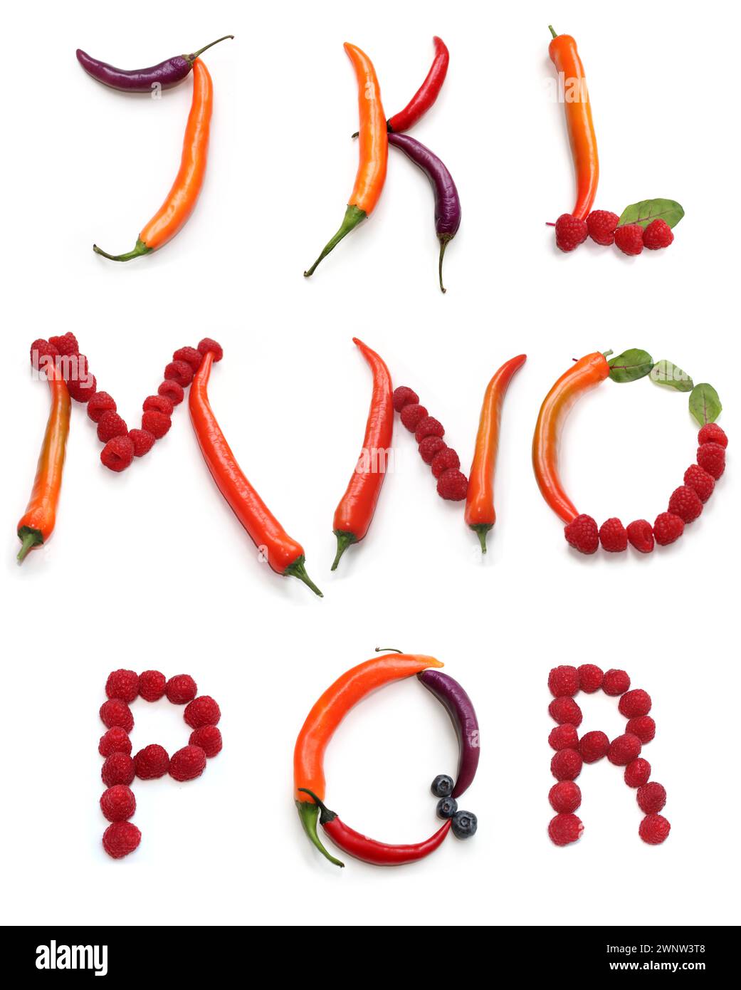 letters j k l m n o p q r from purple red orange chili peppers, berry ...