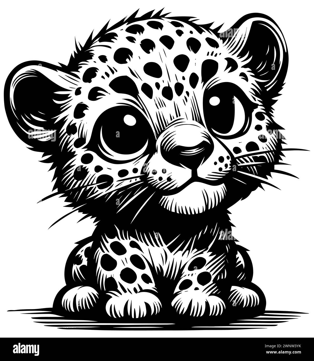 Woodcut style illustration of cute baby African leopard on white ...