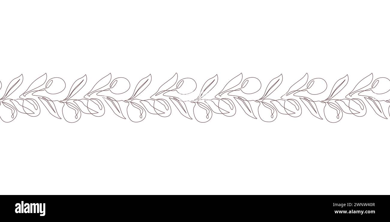 Olive branches and fruits seamless border pattern, continuous line ...
