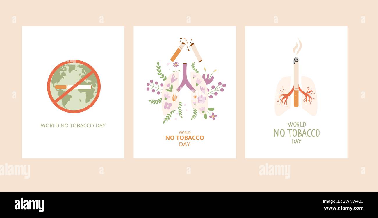 World no tobacco day cards set. Stop smoking banner. Cigarette, lung ...