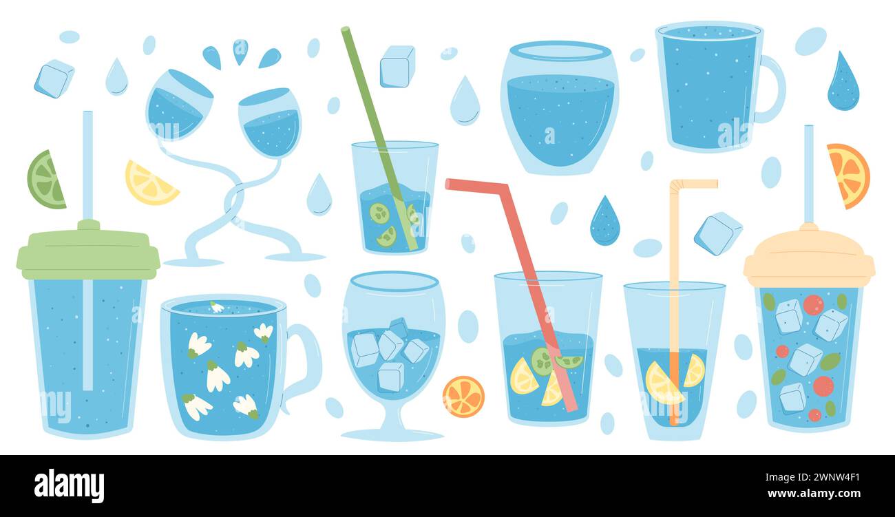 Water glasses set isolated on white background. Fresh clean and aroma drinks. Aqua beverages ...