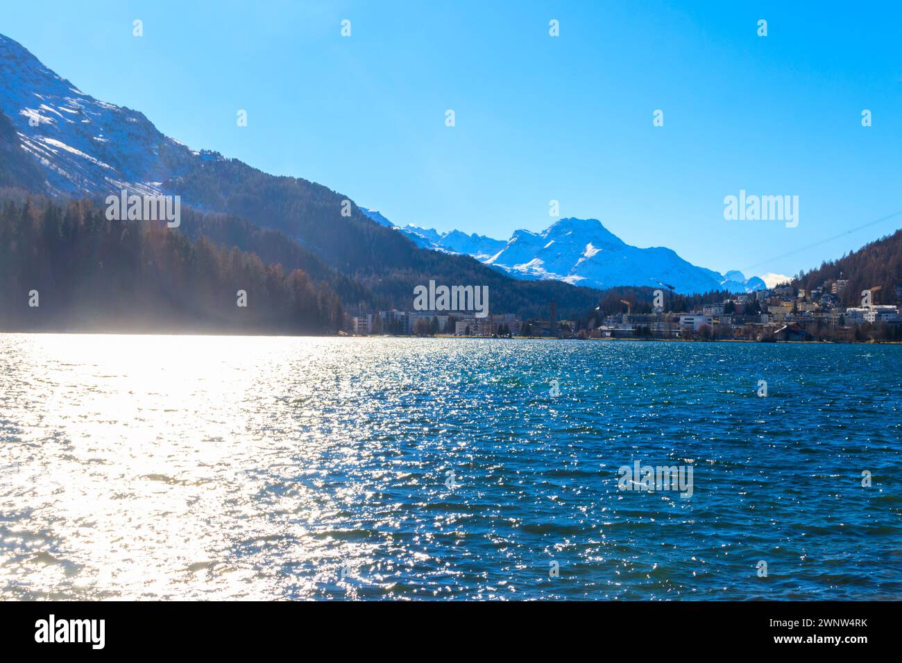 View of St. Moritz lake in Graubunden canton, Switzerland Stock Photo ...