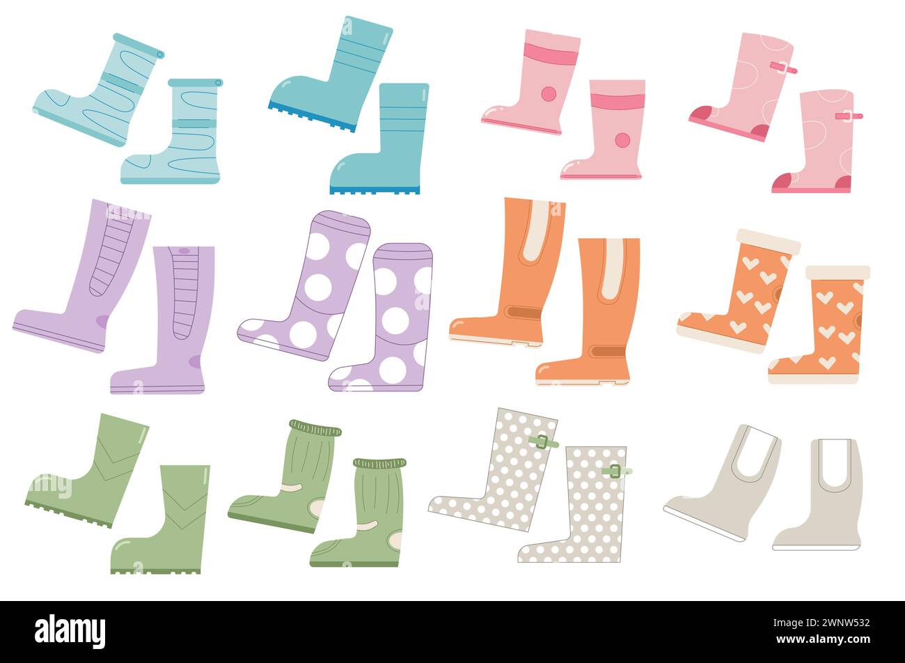 Rubber boots. Set of pair of shoes for rainy weather. Spring elements ...