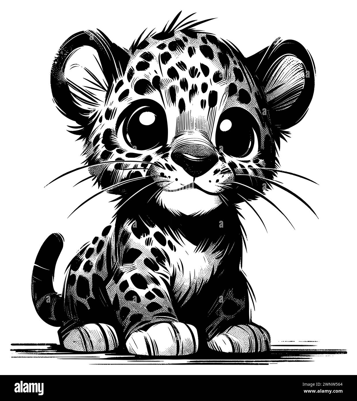 Woodcut style illustration of cute baby African leopard on white ...