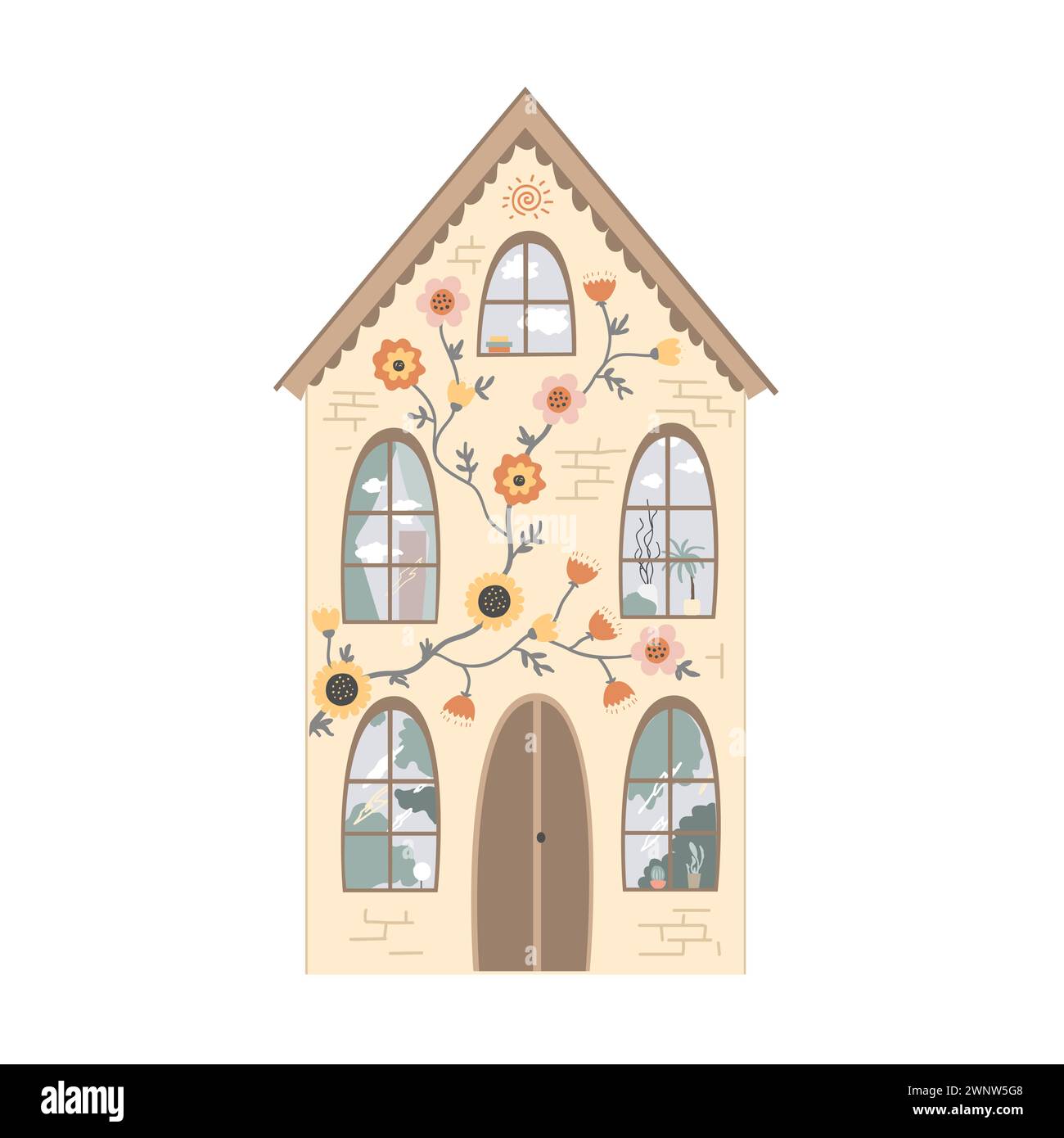 Cute house decorated with doodle flowers isolated on white background ...