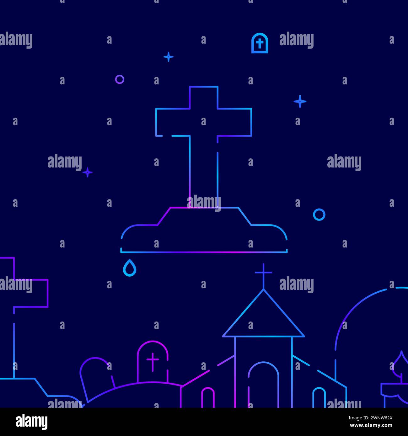 Grave, burial gradient line vector icon, simple illustration on a dark blue background, funeral ...