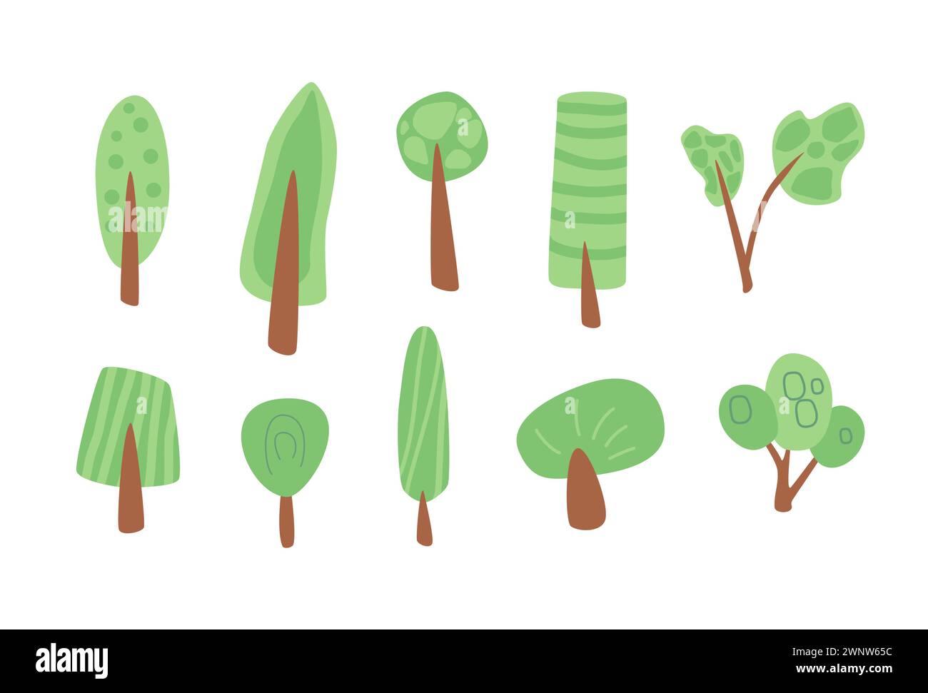 Trees doodle set. Forest elements collection. Plant bushes spring ...