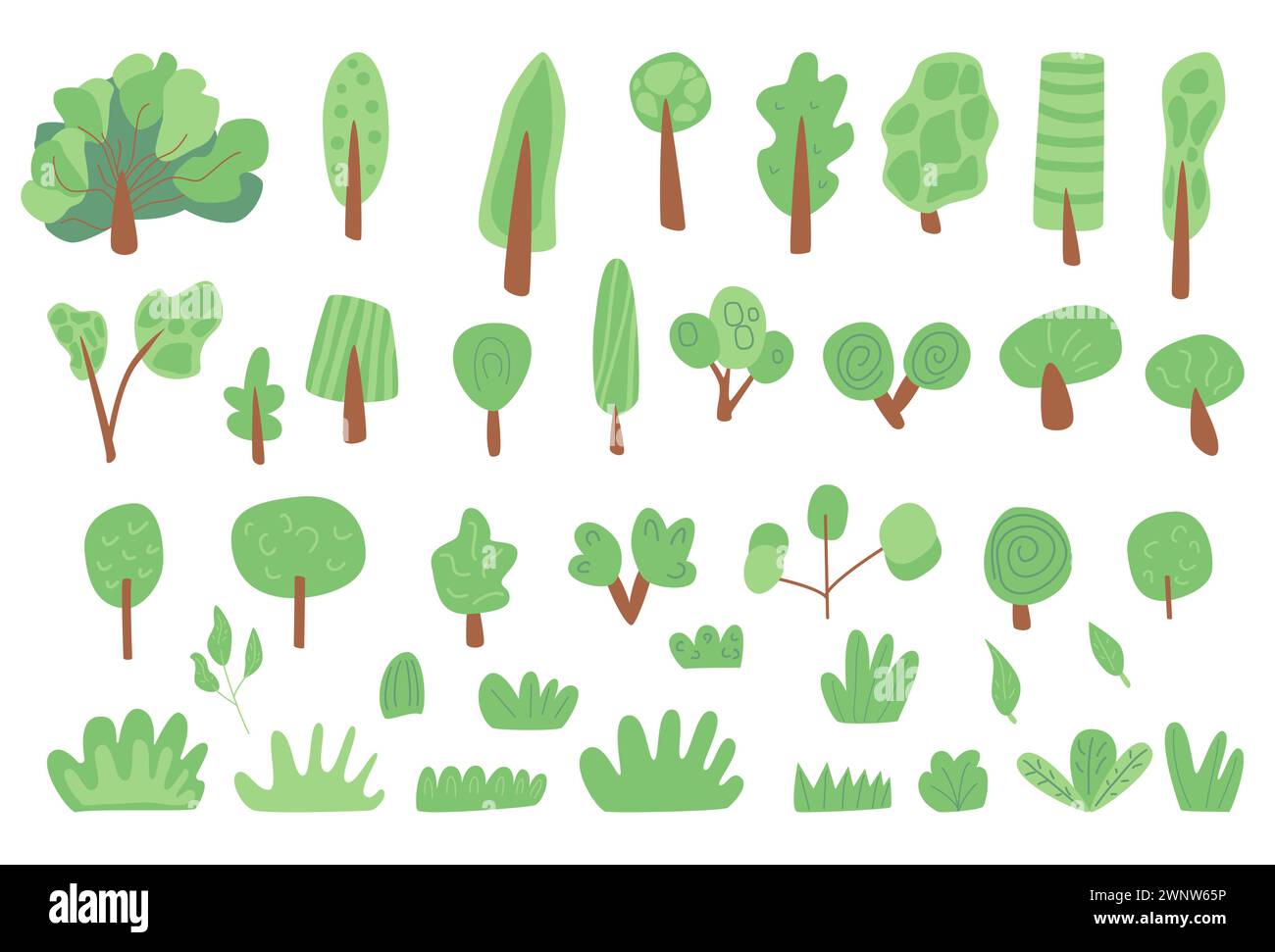 Trees doodle set. Forest elements collection. Plant bushes, grass ...