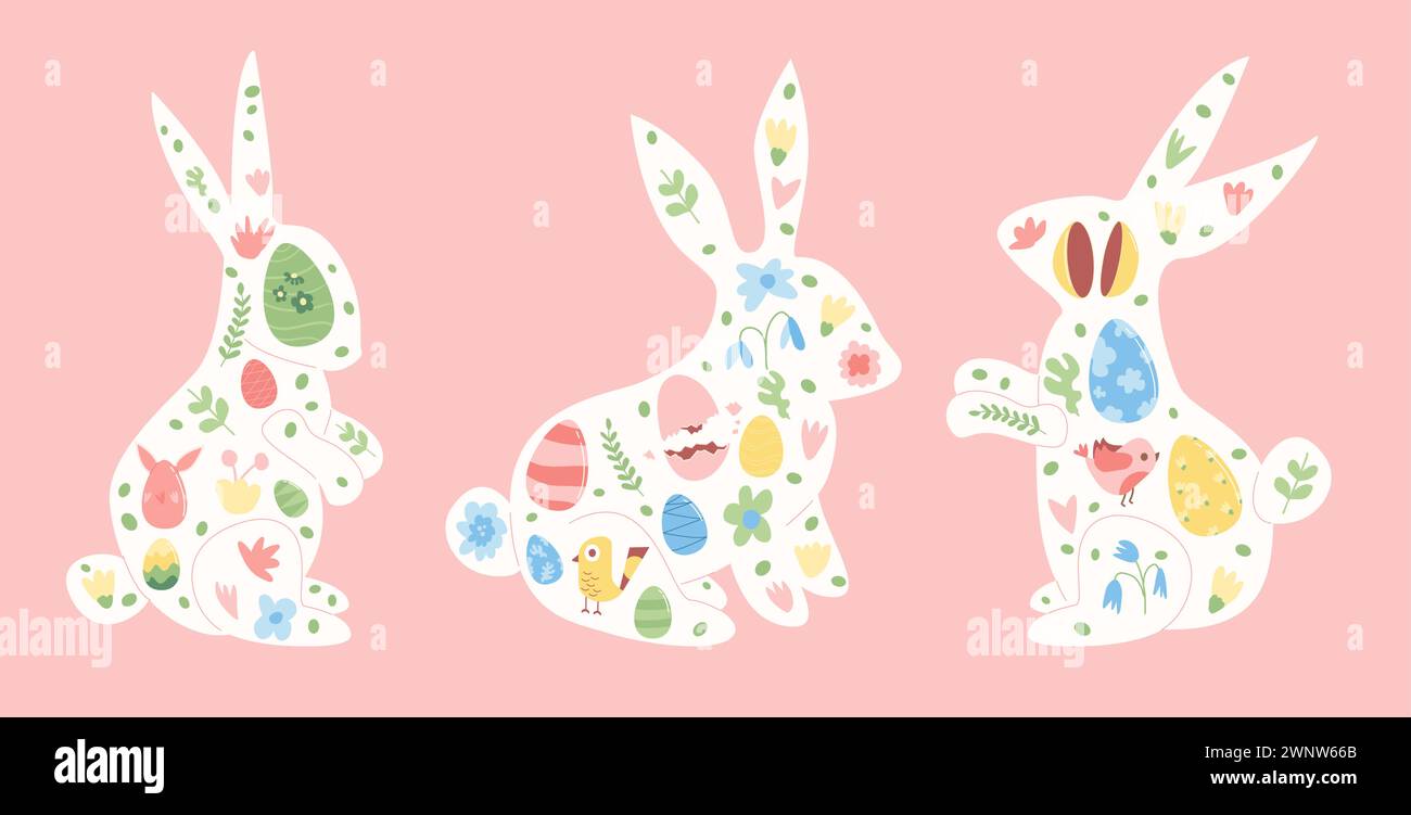 Easter bunny silhouette set with decoration. Rabbits with eggs, flowers ...