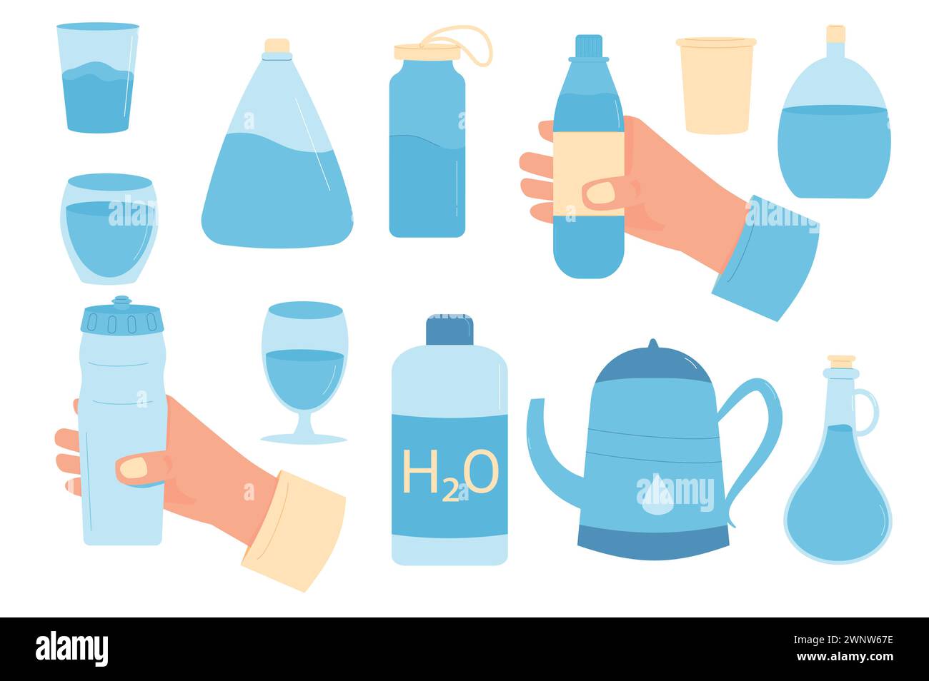 Water in different bottles, jug, glasses set isolated on white ...
