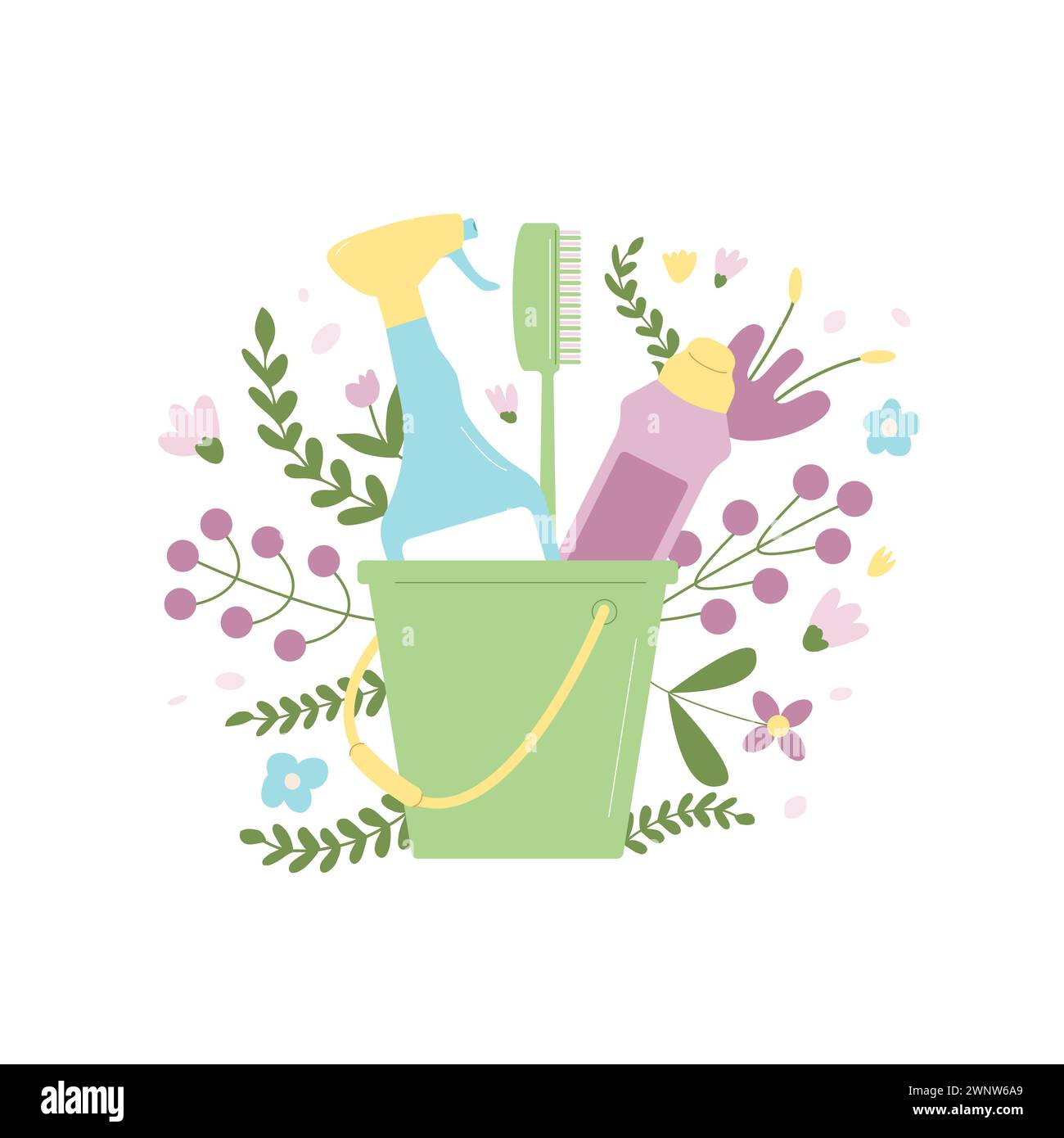 Bucket with brushes and bottles for cleanup. Cleaning tools and aroma ...