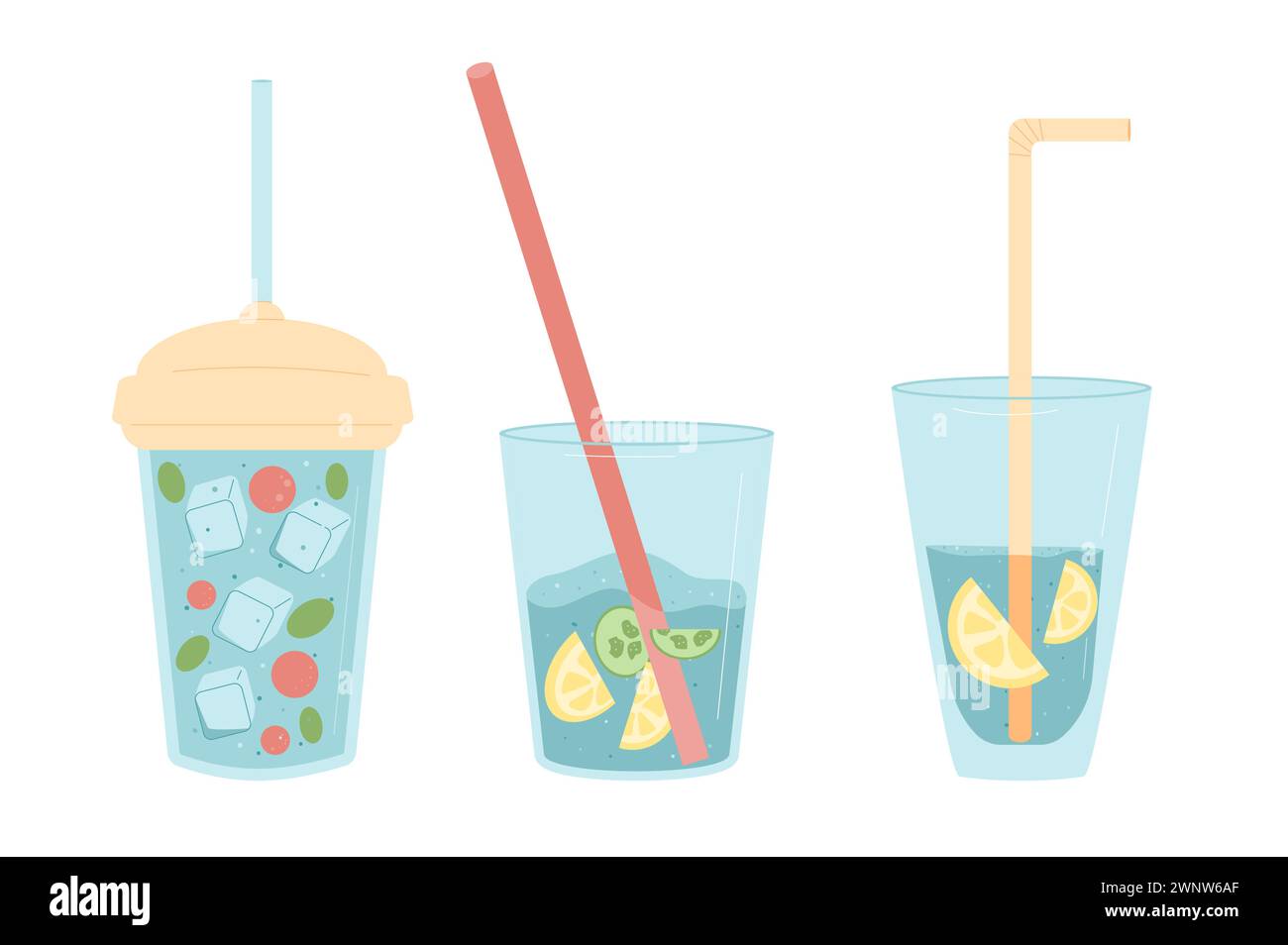 Cocktail glasses set isolated on white background. Fresh aroma soft drinks. Aqua beverages with ...