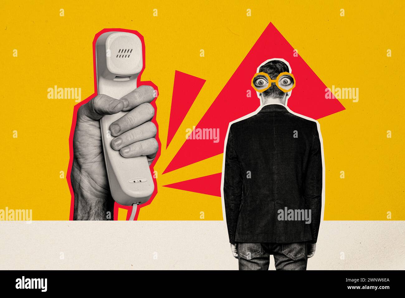 Composite photo collage of young man eyes back worker telephone ...