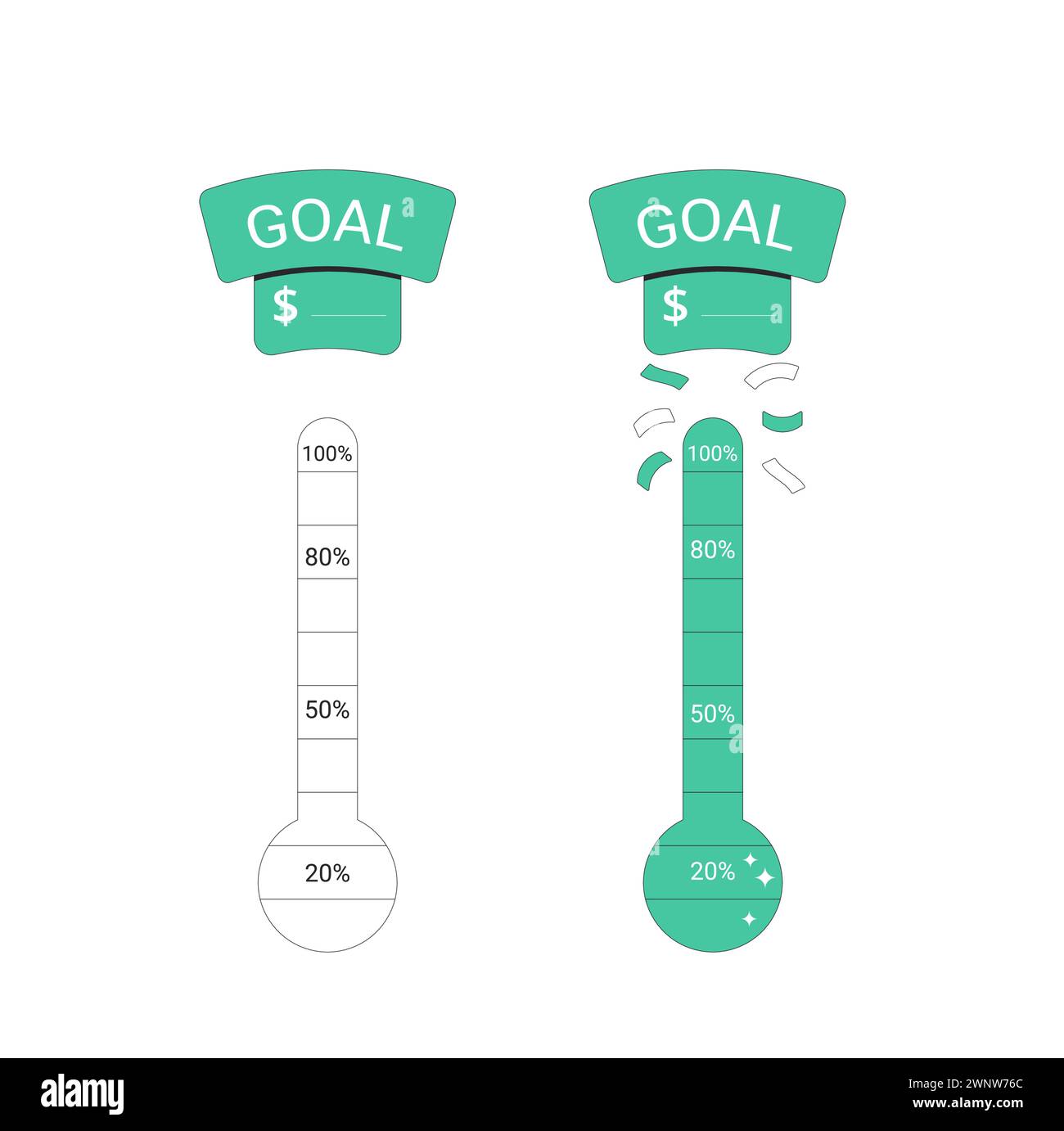 Financial goal thermometer set isolated on white background. Full and ...