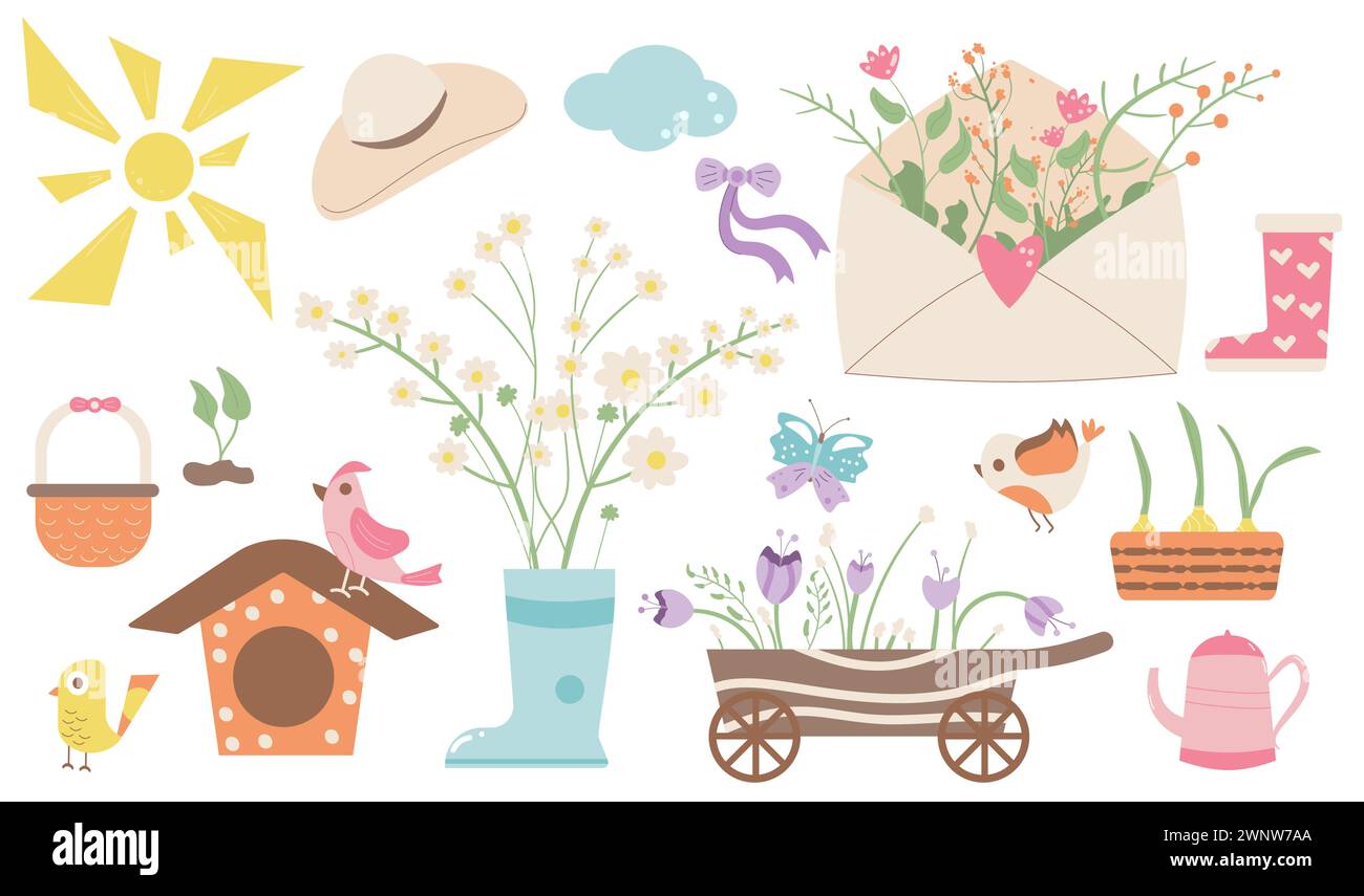 Spring elements set and gardening tools isolated on white background ...