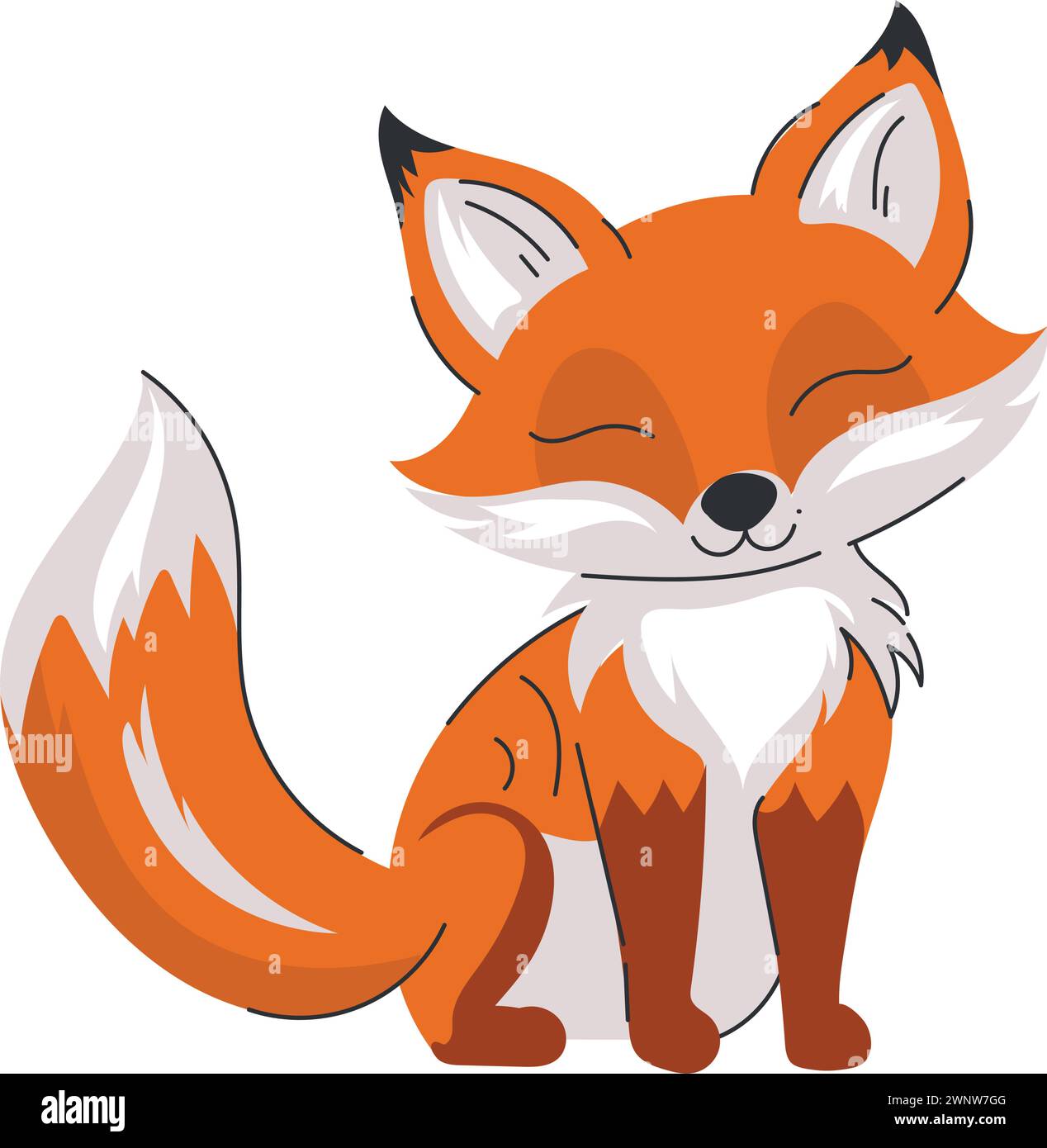 Flat vector cartoon illustration of a cute sitting red fox character ...