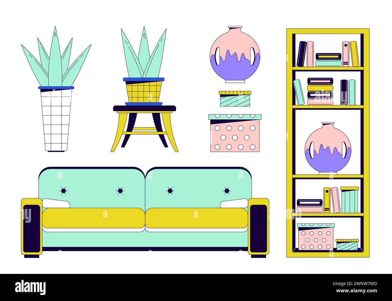 Living Room Furnishing 2d Linear Cartoon Objects Set Stock Vector Image And Art Alamy