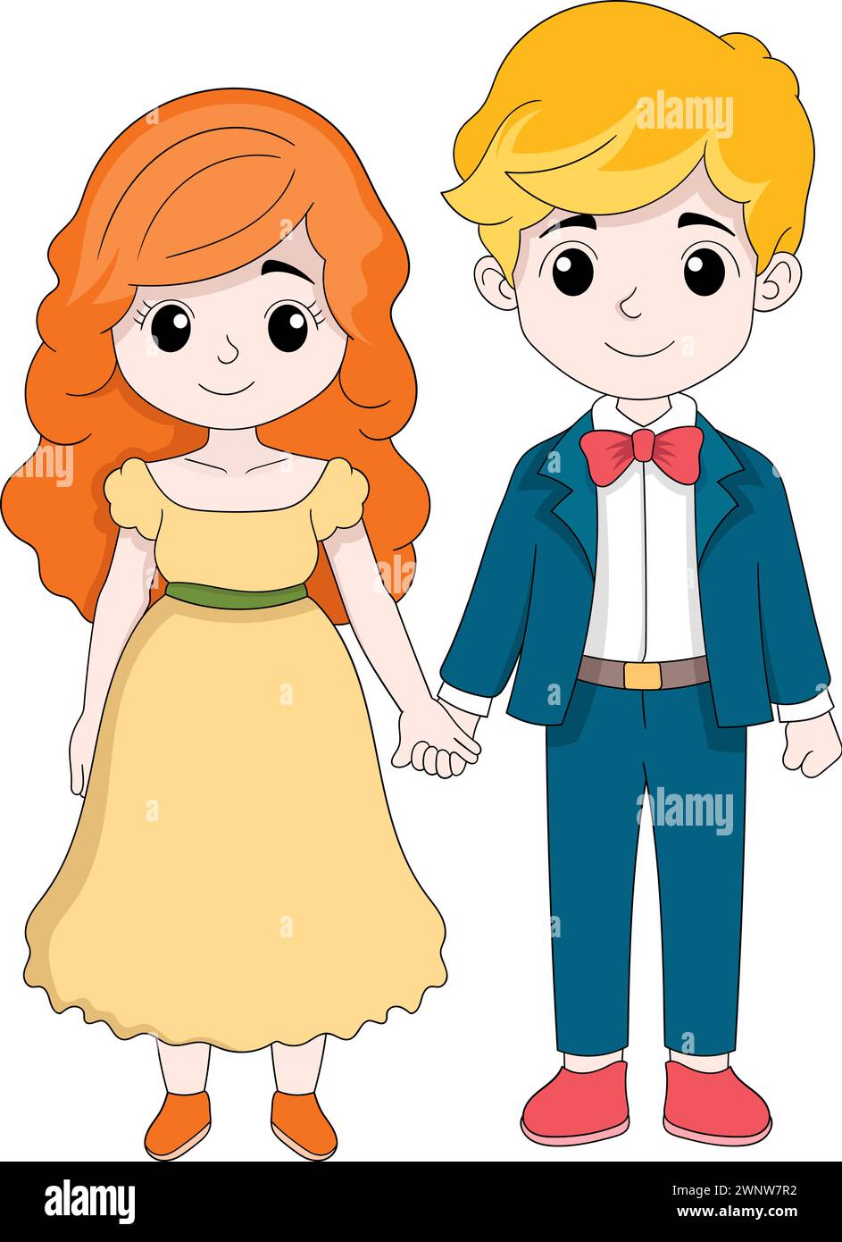 wedding party of a young bride and groom, cartoon flat illustration ...