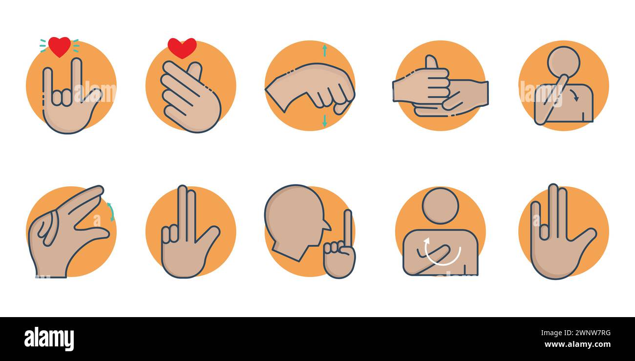 sign language. sign language icon set. i love you, help, yes, no, thank ...
