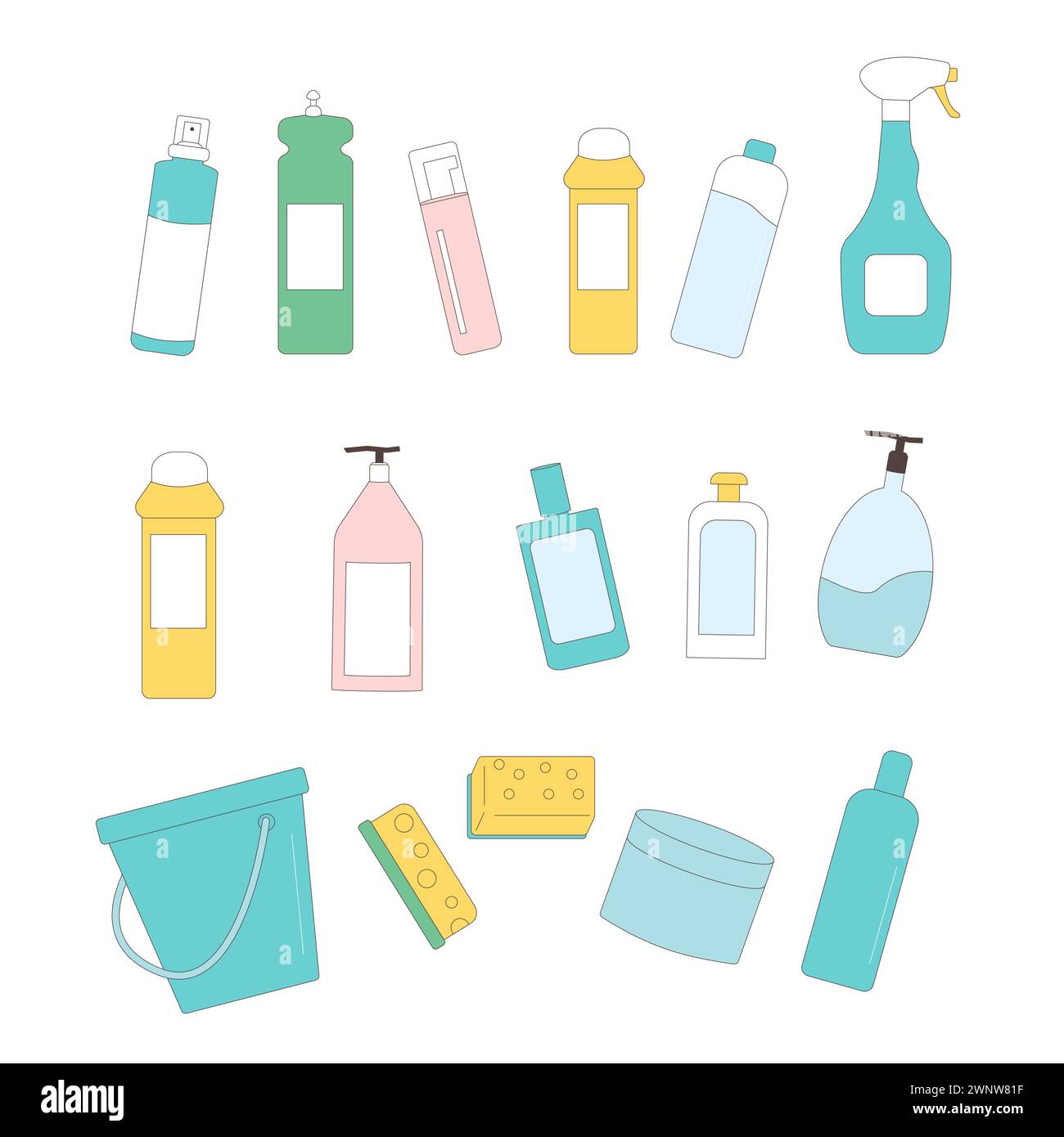 Cleaning supplies set with bucket and sponges isolated on white ...