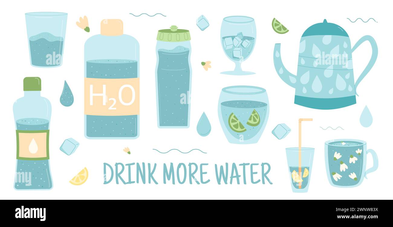 Water in different containers set isolated on white background. Fresh clean beverages with ...