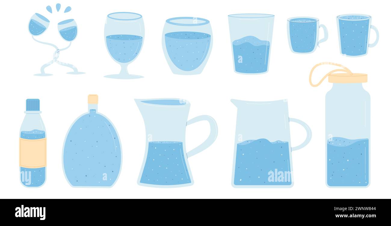 Water in different containers set isolated on white background. Fresh clean beverages with ...