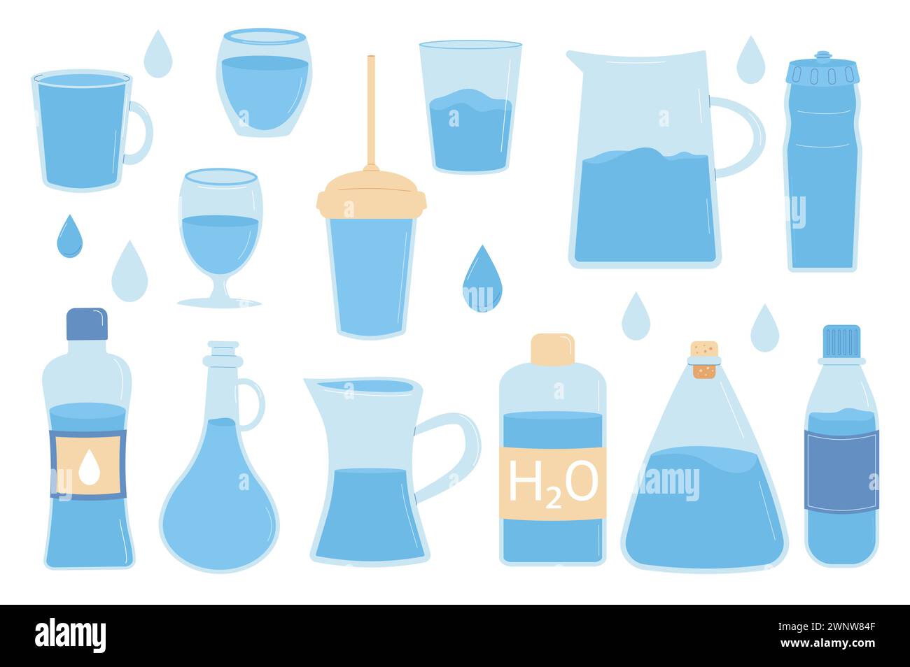 Water in different containers set isolated on white background. Fresh clean beverages with ...