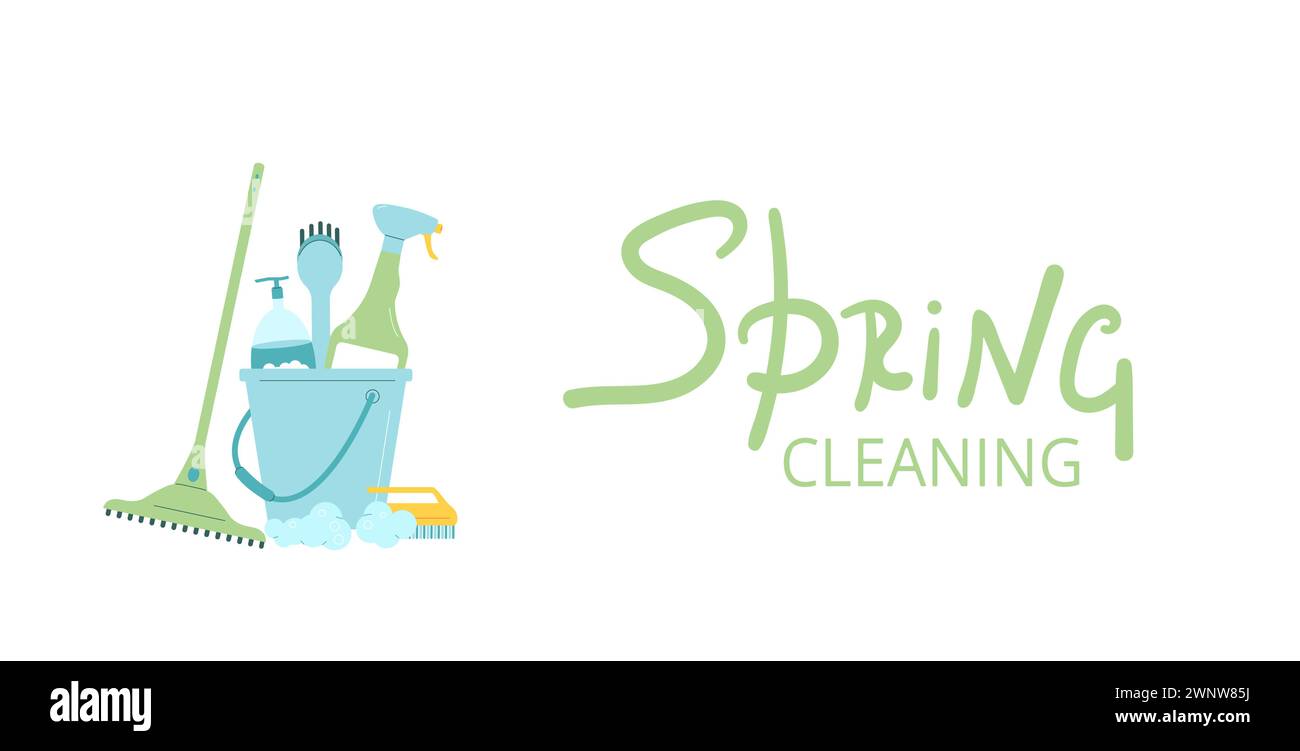 Spring cleaning banner template. Equipment elements for wash home with ...