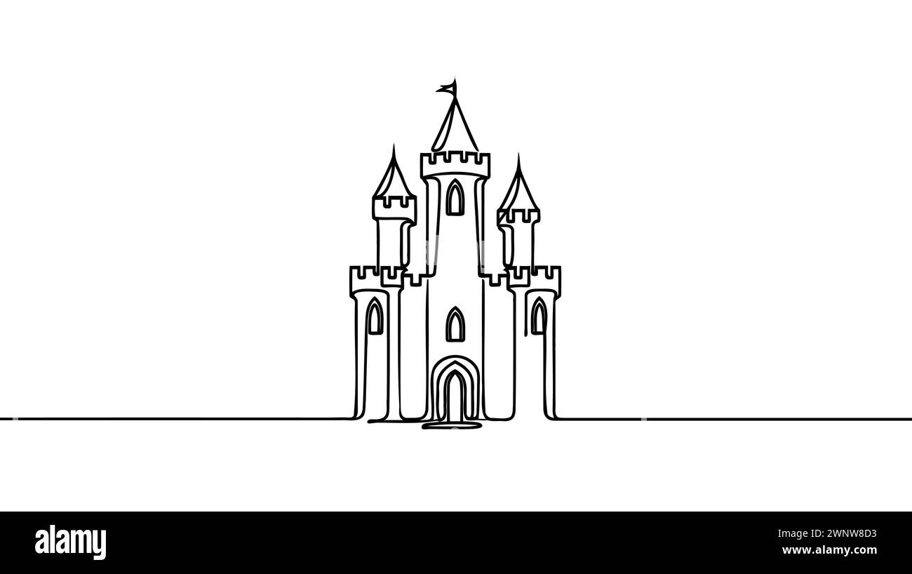 Single one line drawing of castle in an amusement park with four towers ...