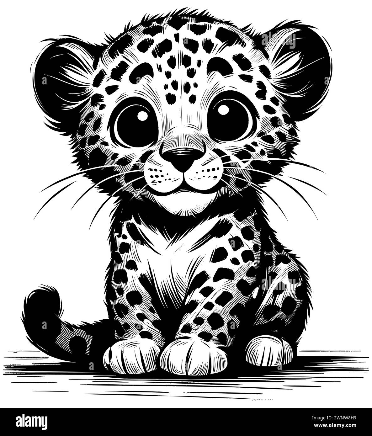 Woodcut style illustration of cute baby African leopard on white ...